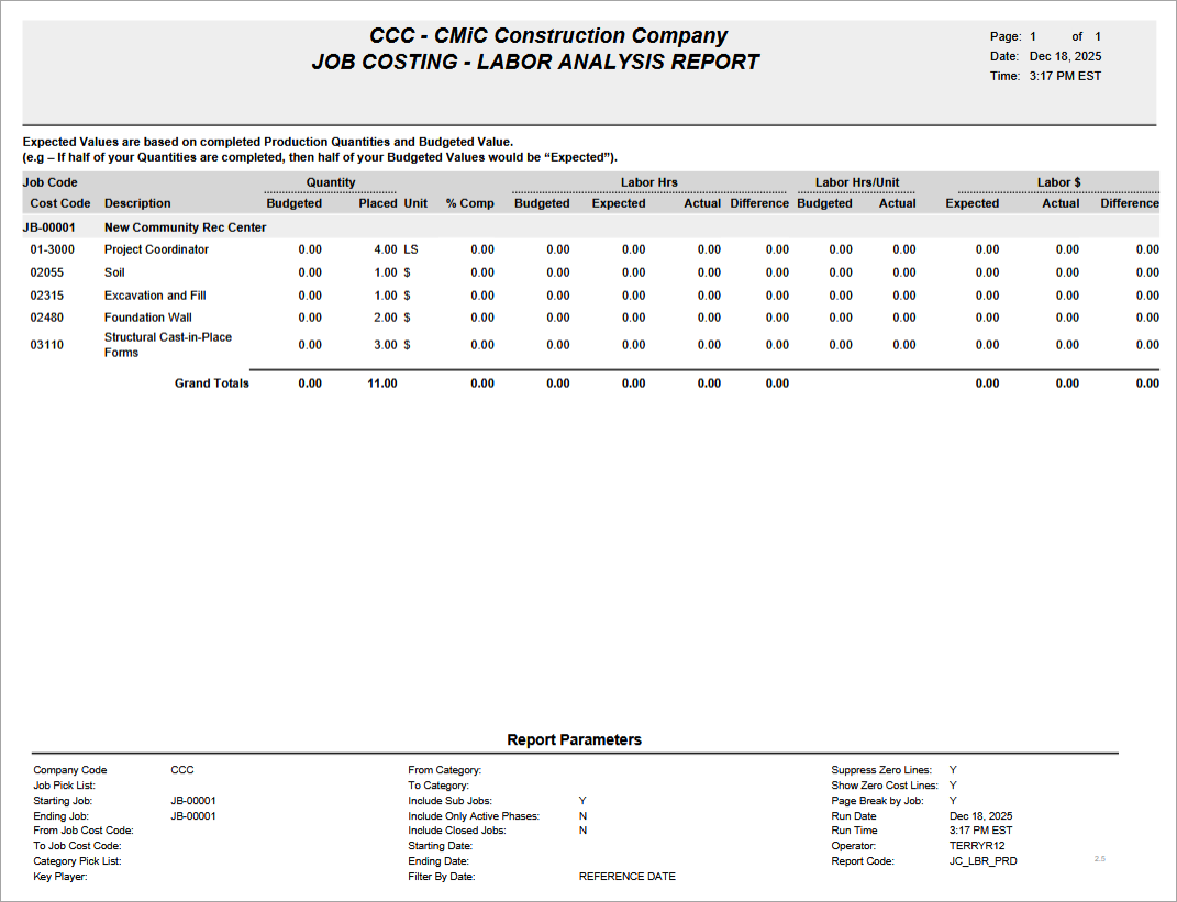 Job Costing - Labor Analysis Report